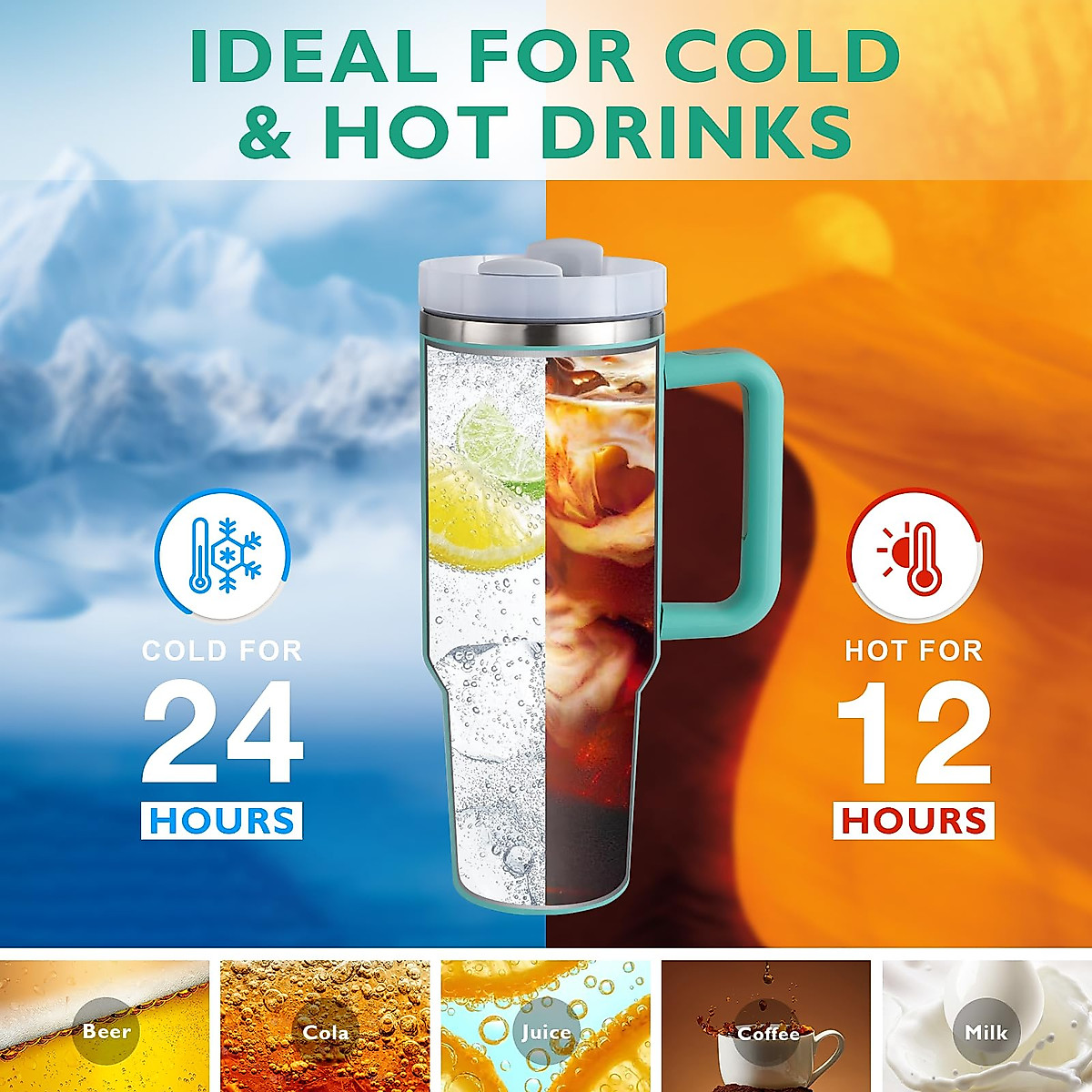 Ochapa 40 oz Tumbler with Handle Leopard Straw Lid Insulated Stainless Steel Vacuum Reusable Cup Holder Friendly Keep Drinks Cold Gifts for Women Lover Car Gym Travel, Cheetah Green