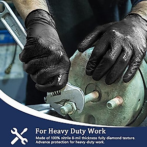 Amozife 8 Mil Disposable Nitrile Industrial Gloves with Raised Diamond Texture, Powder & Latex Free, Tear Resistant, Black, Medium