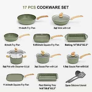 MAISON ARTS 17-Piece Pots and Pans Set - Kitchen Cookware Sets with Nonstick Granite Stone Coating, Suitable for Induction Cooktops, Green