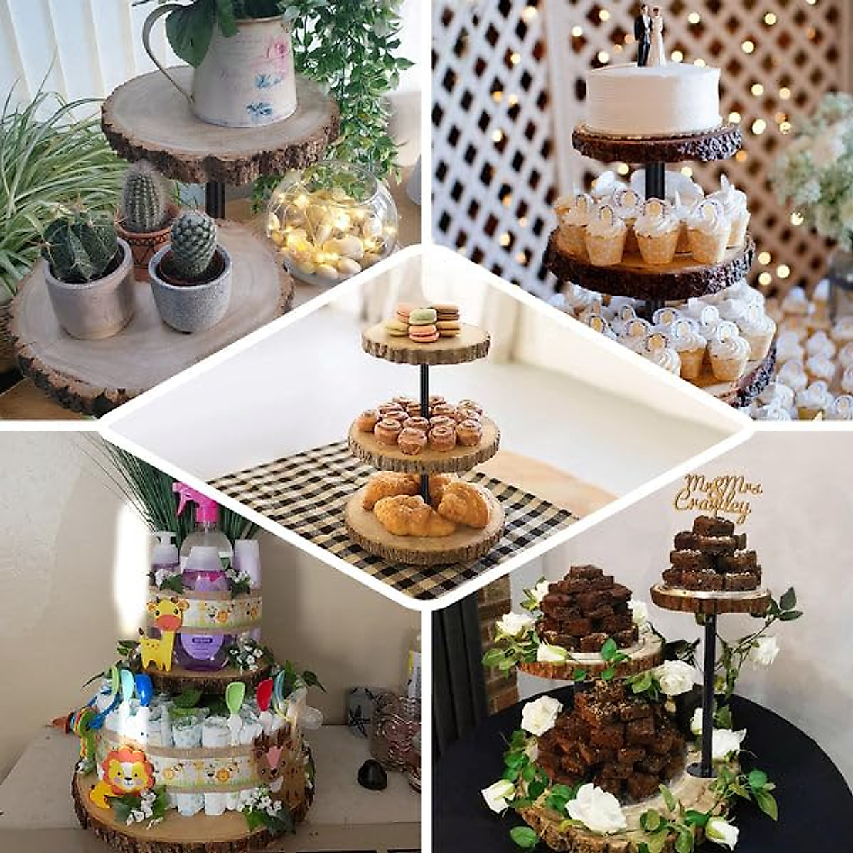 Efavormart 14" Tall | 3 Tier Rustic Wood Slice Cupcake Stand, Natural Wooden Cake Stand Dessert Display with Metal Poles