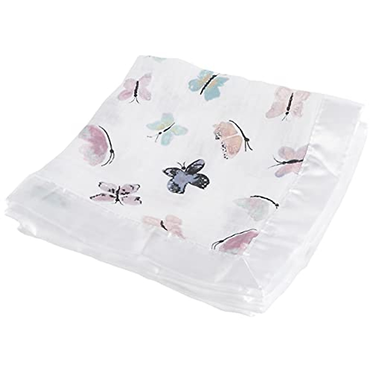 lulujo Baby Security Lovey Blankets| Unisex Softest Breathable Cotton Muslin Security Blanket with Silky Satin Trim| 16in by 16 in| Butterfly, 2 Count