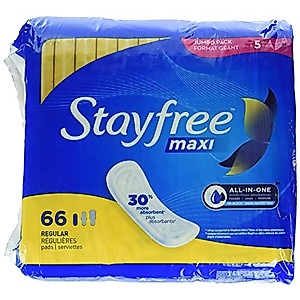 Stayfree Maxi Regular Pads For Women, Wingless, Reliable Protection and Absorbency of Feminine Periods, 66 count