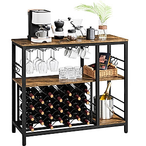 Yaheetech Wine Rack Table with Glass Holder, Industrial Wine Bar Cabinet with 25-Bottle Wine Storage and 6 Hooks, Coffee Bar Table Liquor Cabinet for Bar, Buffet, Living Room, Kitchen, Rustic Brown