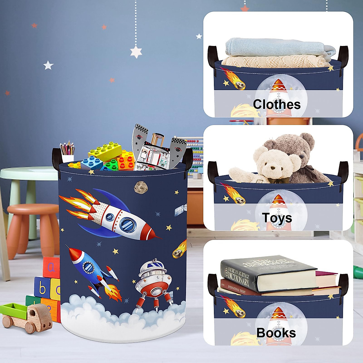 Clastyle 45L Space Rocket Launch Boy Toy Storage Basket Blue Planets Clothes Laundry Hamper for Baby Nursery Room