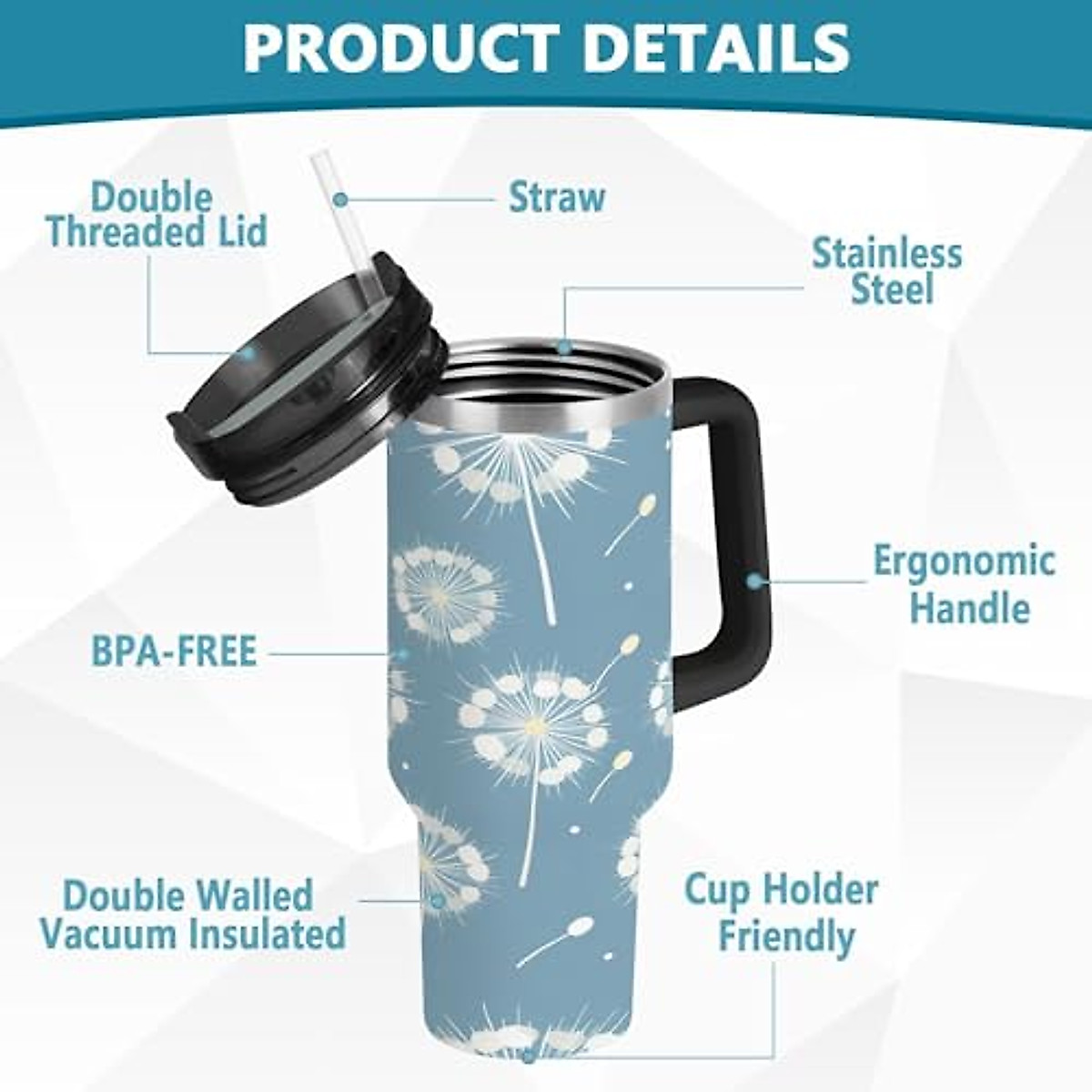 FRCSDIY Dandelion Insulated Tumbler with Handle and Straw Lid,40oz Leakproof Stainless Steel Cup BPA-Free Water Bottle