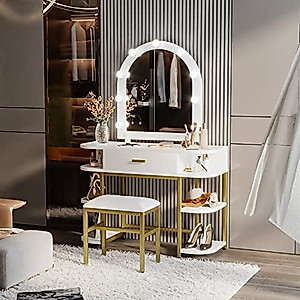 Semiocthome White Vanity Mirror with Lights and Table Set with Drawers, 9 LED Lights Makeup Vanity Desk with Stool, Girls Vanity Table with 6 Shelves, Gold Metal Frame Dressing Table with Chair