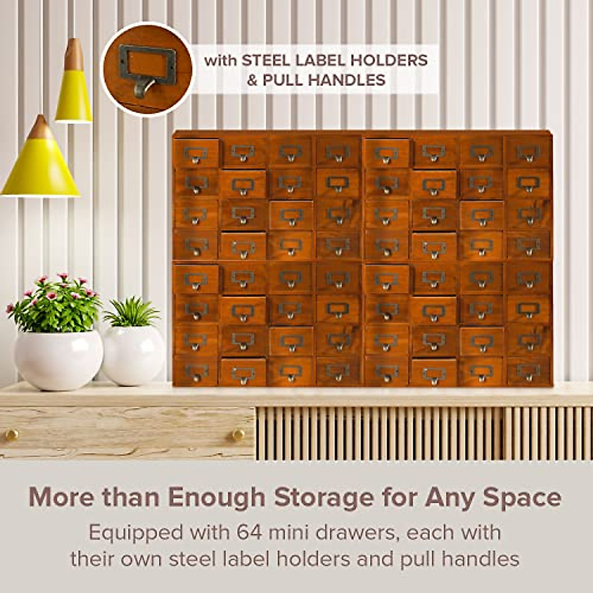 64-Drawer Wooden Storage Box (39.2”x3.9”x27.56”) Traditional Apothecary Cabinet in Walnut Wood - 64-Slot Wooden Desk Drawer Unit w/Label Holders & Handles - Multi Level Countertop Drawer Organizer