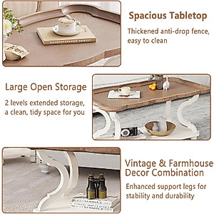Function Home Farmhouse Coffee Table, Modern Cocktail Table with Storage Shelf, Sofa Table with Natural Tray Top and Carved Legs for Living Room, Bedroom, Dining Room in Vintage White