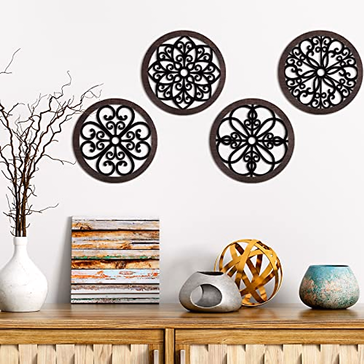 4 Pieces Thicken Rustic Wall Decor Farmhouse Wall Art Decor Wooden Hollow Carved Design Rustic Round Wall Art for Living Room Bedroom Hallway Decor Office Kitchen Wall Decoration (Black, Brown)
