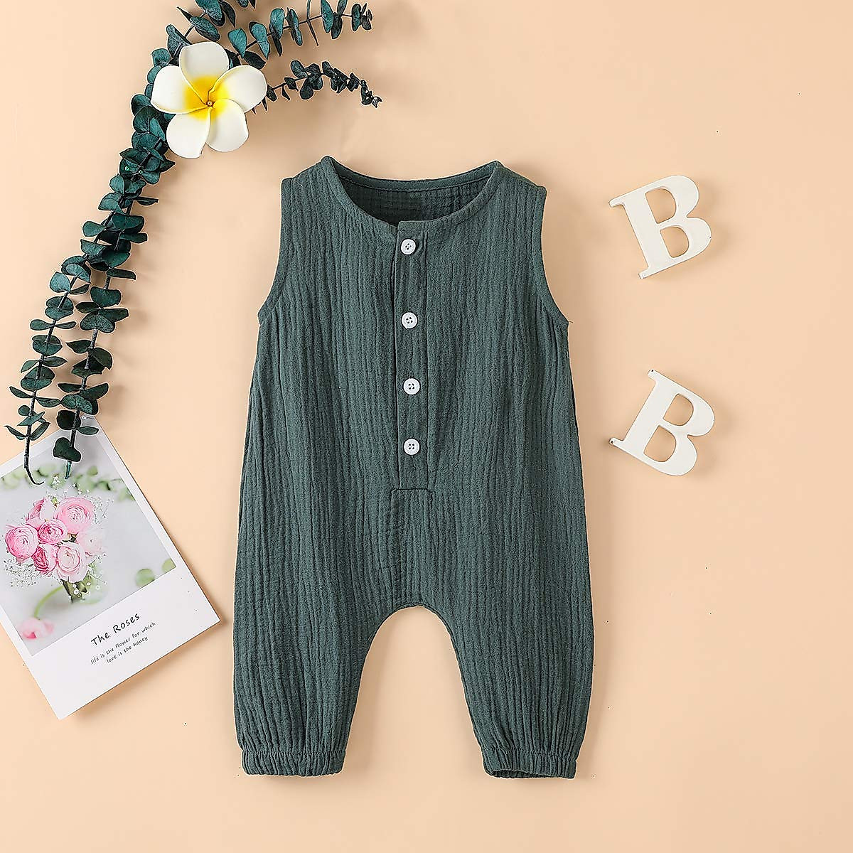 Arleysh Newborn Baby Girl Romper Jumpsuit Cotton Linen Sleeveless Ruffled Bodysuit Infant Summer Clothes Outfits (Green, 0-3 Months)