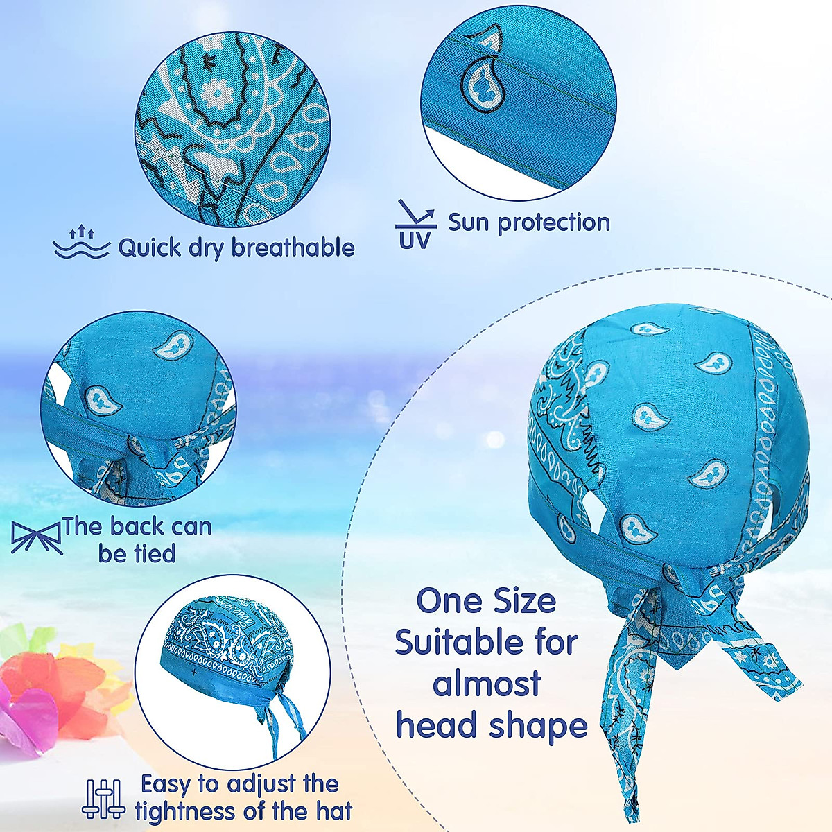 Huukeay 24 Pieces Do Rag Skull Caps Sweat-Wicking Beanie Cap Biker Skull Cap Paisley Bandana Cap Head Tie Cycling Cap Helmet Liner Skull Hat Quick-Drying Pirate Hats for Men Women, 24 Colors