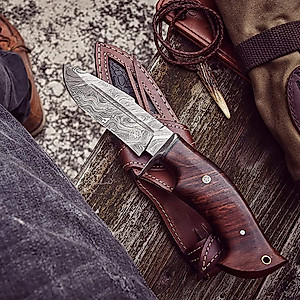 BIGCAT ROAR Handmade Damascus Hunting Knife - Bushcraft Fixed Blade Hunting Knife with Sheath and Walnut Wood Handle - 10″ EDC Skinning Knife - Beast Hunter