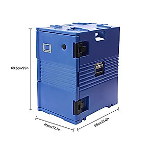 GDAE10 End-Loading Insulated Food Pan Carrier,82Qt/90L Hot Box for Catering, PE Food Box Carrier One-Piece Buckle, Front Loading Food Warmer w/Handles＆Wheels, for Restaurant, Canteen, Blue