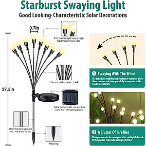 BOSSERN 4 Pack Firefly Garden Lights: Solar Outdoor Waterproof, 32 LED Vibrant Firefly Starburst Lights, Swaying by Wind, Garden Decoration (Warm White)