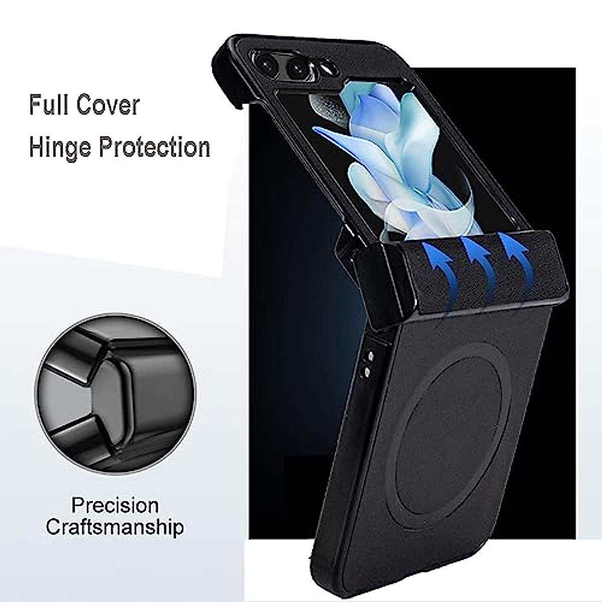 Gufiire for Samsung Galaxy Z Flip 5 Case with Hinge Protection, Front Screen Protector, Carbon Fiber Texture Leather Case Compatible with MagSafe Full Protection Phone Case for Galaxy Z Flip5 (Black)