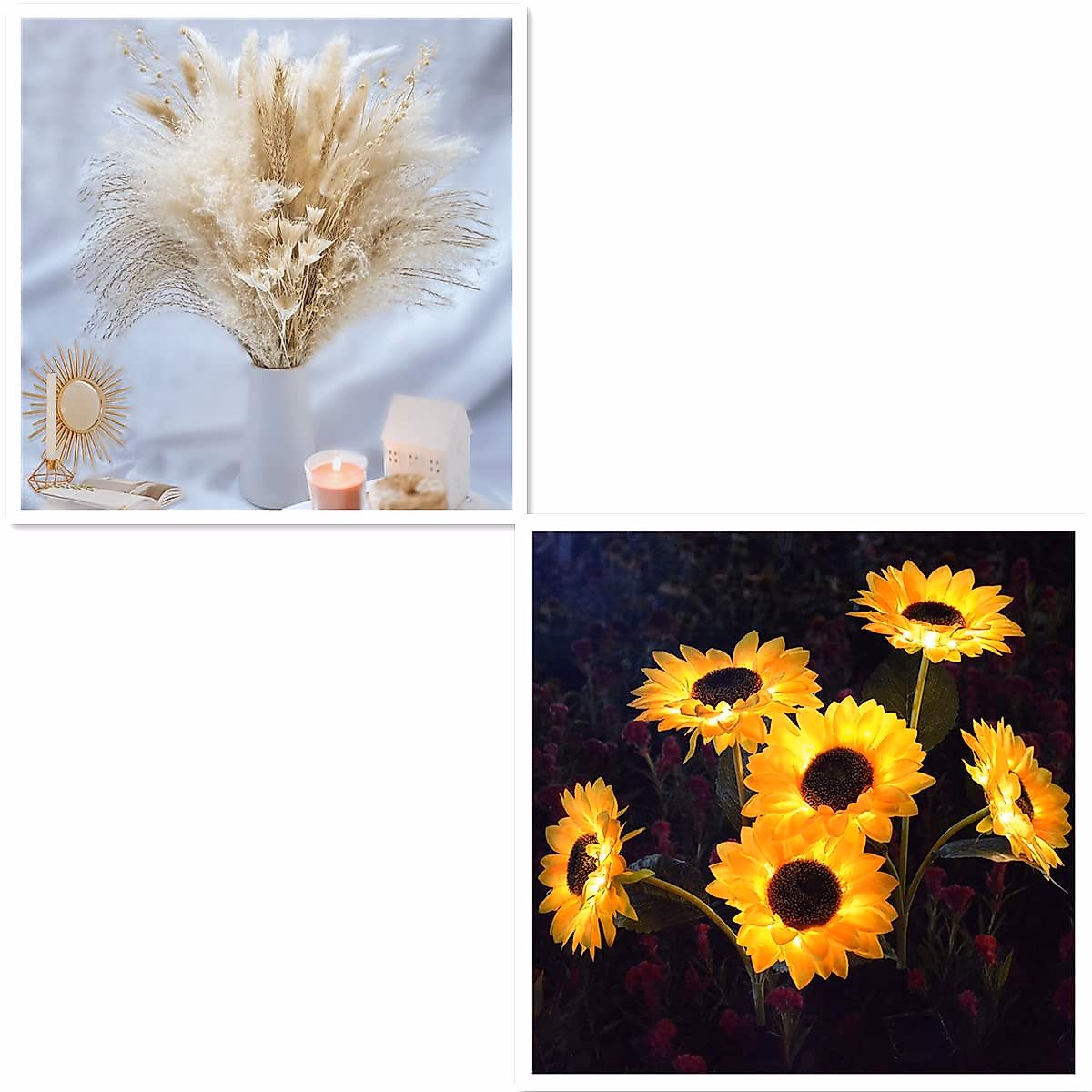 80 Pcs Pampas Grass Home Decor and 2 Pack Sunflower Solar Lights Outdoor, Solar Garden Lights with 3 Sunflower