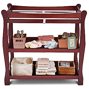 Costzon Baby Changing Table, Infant Diaper Changing Table Organization, Newborn Nursery Station with Pad, Sleigh Style Nursery Dresser Changing Table with Hamper/ 2 Fixed Shelves (Wine)