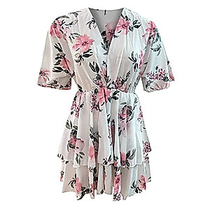 Womens Dresses 2023 Summer V Neck 3/4 Sleeve Casual Loose Beach Dress Plus Size Floral Swing A-Line Short Dresses Vacation Outfits for Women Cute Spring Clothes Mini Resort Wear(A White,Small)