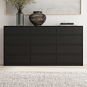 WOODTIME Dresser with 12 Handleless Drawers, 63" Large Chest of Drawers with Slide Rails, Modern Wooden Double Dresser for Bedroom Living Room, Black