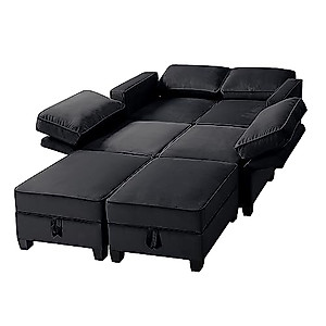 Goohome 116'' Modular Sectional, U-Shaped Velvet Convertible, Minimalist Modern 6 Seater Sleeper Couch with Chaise Ottomans, Sofa Sets, for Living Room, Bedroom, B-Black
