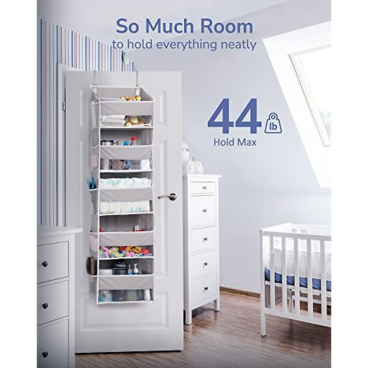 ULG 1 Pack Over Door Organizer with 5 Large Pockets 10 Mesh Side Pockets, 44 lbs Weight Capacity Hanging Storage Organizer with Clear Window for Kids Toys, Shoes, Diapers, Grey, 5 Layer