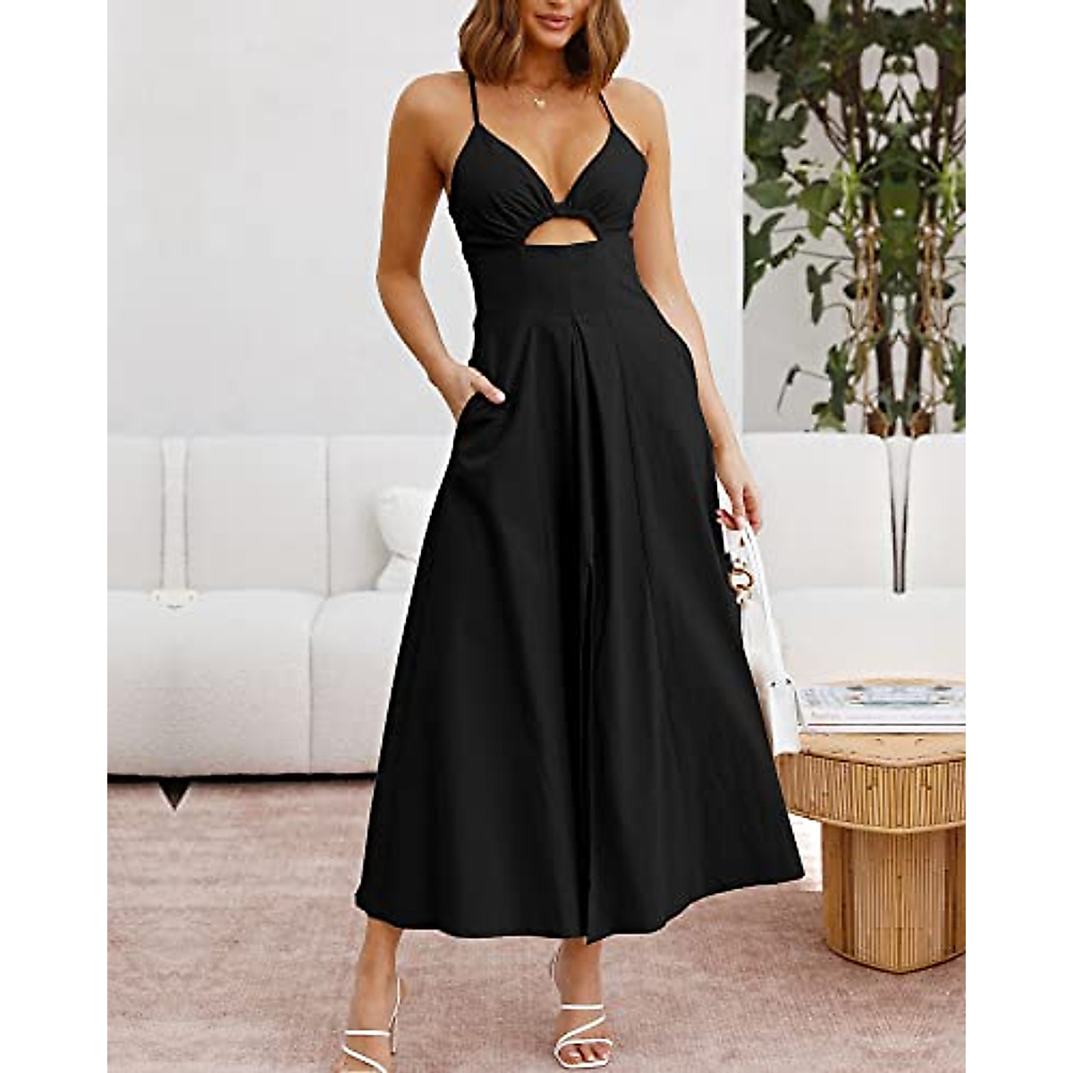 BTFBM Women 2023 Summer Spaghetti Strap Dress Sleeveless V Neck Cutout Slit Casual Beach Party Maxi Dresses with Pockets(Solid Black, X-Large)