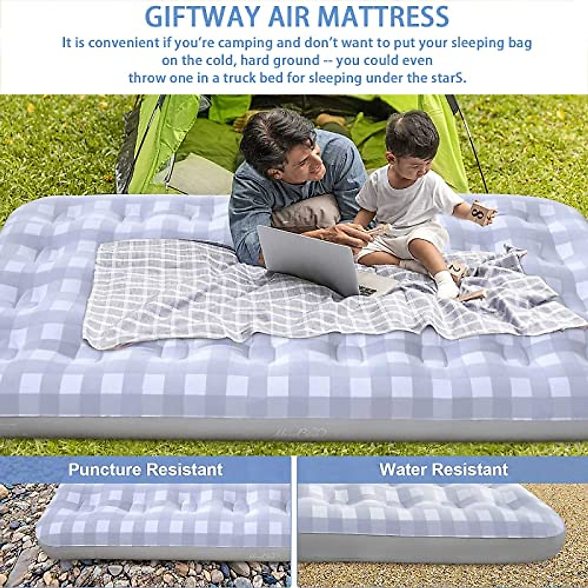 Giftway Twin Size Inflatable Air Mattress for Camping - Upgraded Height 9" Inflatable Mattress Foldable Air Bed with Waterproof Flocked Top - Portable Blow up Air Bed for Home/Travel/Housewarming Gift