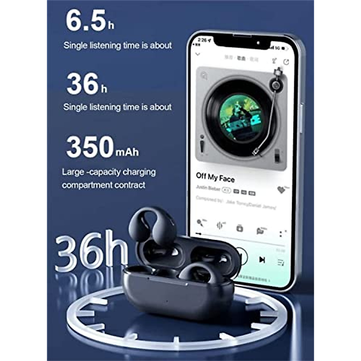 MATISUN Wireless Ear Clip Bone Conduction Headphones Bluetooth 5.3 Open Ear, Sports Headset with Mic Sweatproof for Running, Bicycling, Hiking (White)