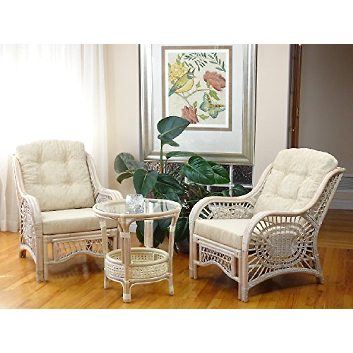 Malibu Lounge Set of 4: 2 Natural Rattan Wicker Chairs, Loveseat with Cream Cushions and Coffee Table w/Glass Handmade, White Wash