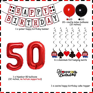 Casino 50th Birthday Party Decorations, Number 50 Balloon, Happy Birthday Banner and Cake Topper, Hanging Swirls for Adults Casino Night, Poker Theme Party Supplies