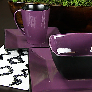 Elama Stoneware Square Dinnerware Dish Set, 16 Piece, Solid Purple