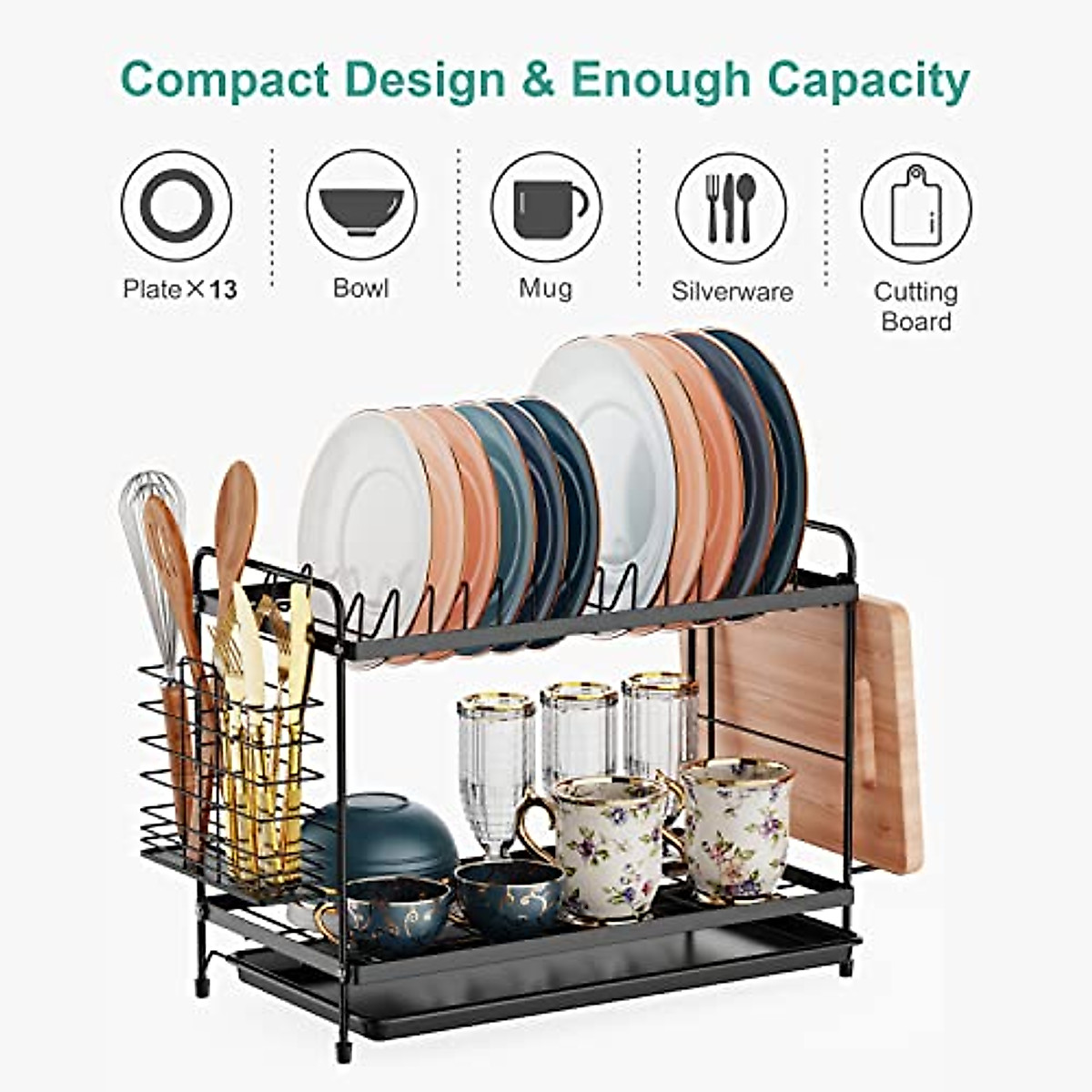 GSlife Dish Drying Rack for Kitchen 2 Tier Small Dish Rack with Drainboard Rust-Resistant Compact Dish Drainer with Utensil Holder Cutting Board Holder for Kitchen Counter, Black