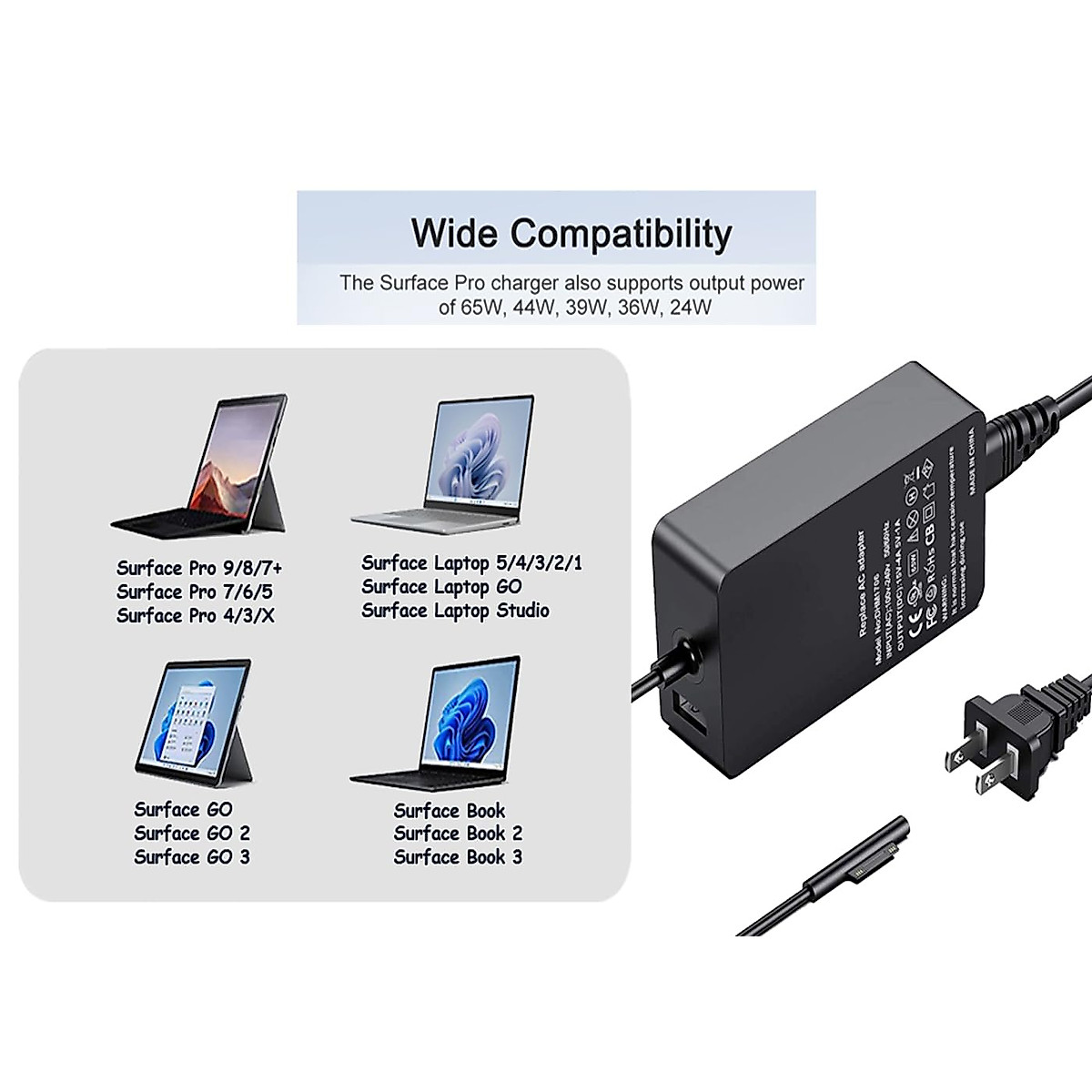 Surface Laptop Pro Charger 65W 44W 36W 24W Compatible with Microsoft Surface Pro 3/4/5/6/7/8/9/X Laptop 1/2/3/4 Go 1/2/3 Book 1/2/3 Power Supply Adapter