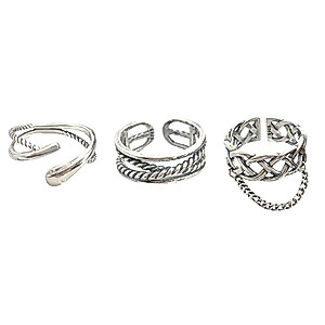 Jemant Ring For Women Adjustable Silver Hip Hop Kpop Fashion Twist Chain Rope Unique 3 Pc Stacked Ring Set (Silver)