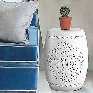 JONATHAN Y TBL1002A Tree of Life 18" Ceramic Garden Stool, Coastal, Contemporary, Modern, Transitional, Side Table, Plant Stand, Spill-Proof, Living Room, Garden Room, Patio, White