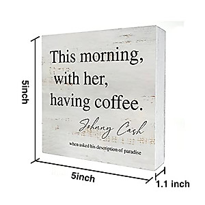 Funny Coffee Wooden Box Sign Desk Decor This morning with Her Having Coffee Wood Block Plaque Rustic Box Sign for Home Kitchen Shelf Table Decoration (5 X 5 Inch)