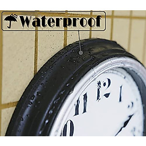 45Min 12 Inch Indoor/Outdoor Retro Round Waterproof Wall Clock with Thermometer, Silent Non Ticking Battery Operated Quality Quartz Wall Clock Home/Patio Decor(Silver F)