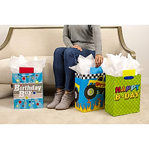 Hallmark 13" Large Birthday Gift Bag Bundle with Tissue Paper (Pack of 3: Monster Truck, Happy B-Day, Birthday Boy)