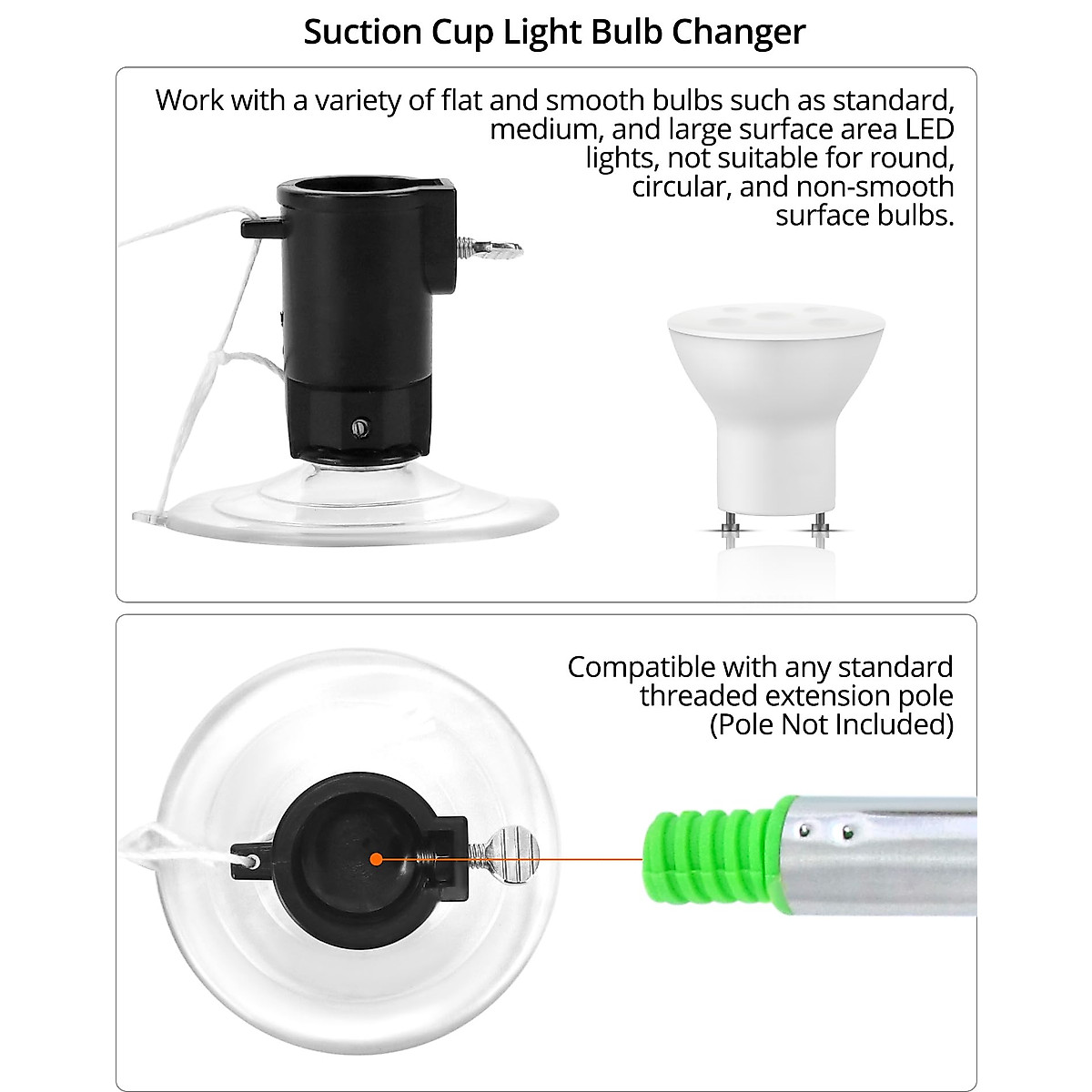 QWORK Professional Light Bulb Changer Kit - 3 Piece Set - Extension Pole Compatible, for High Ceiling Incandescent Bulbs with Standard, Floodlight & Recessed Changer, Secure Bulb Replacement Tool