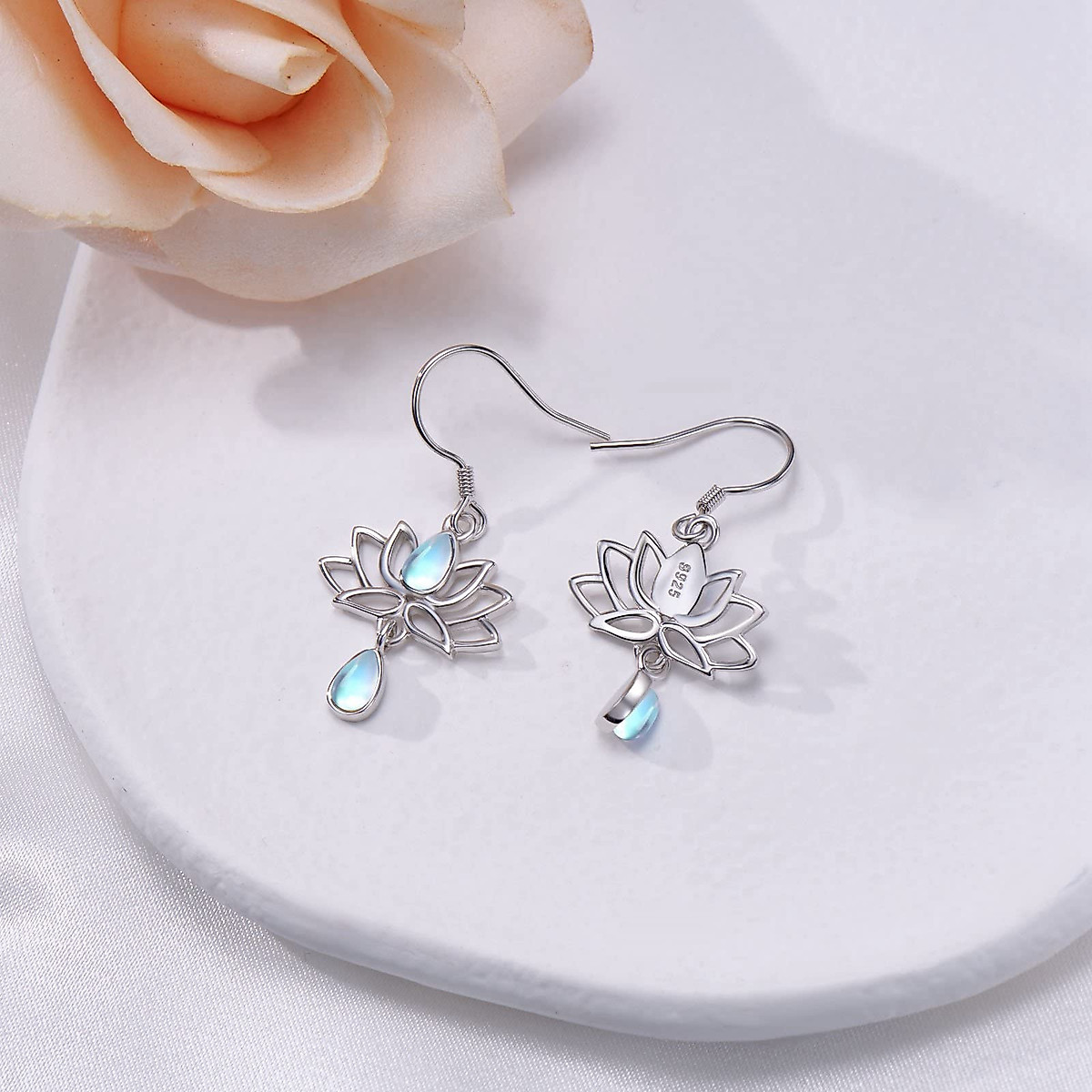 Moonstone Lotus Earring for Women 925 Sterling Silver Lotus Flower Earrings Yoga Lotus Jewelry Gifts for Women