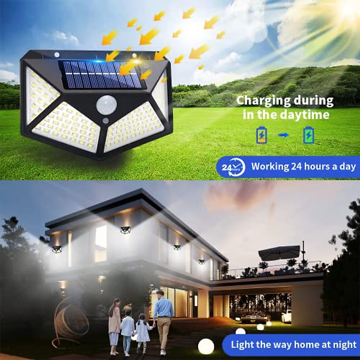 Ceena Solar Outdoor Lights, IP65 Waterproof Motion Sensor Outdoor Lights, 100 LEDs with Lights Reflector, Motion Sensor Security Lights for Exterior Wall, Patio, Yard, Garage, Deck, Garden, 2 Pack