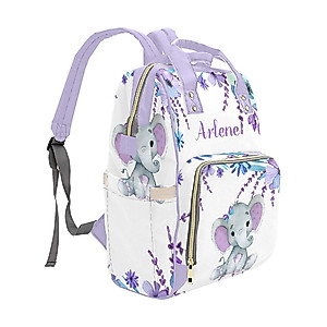 Elephant Purple Personalized Diaper Bag Backpack Tote with Name,Custom Travel Nappy Mommy Bag Backpack