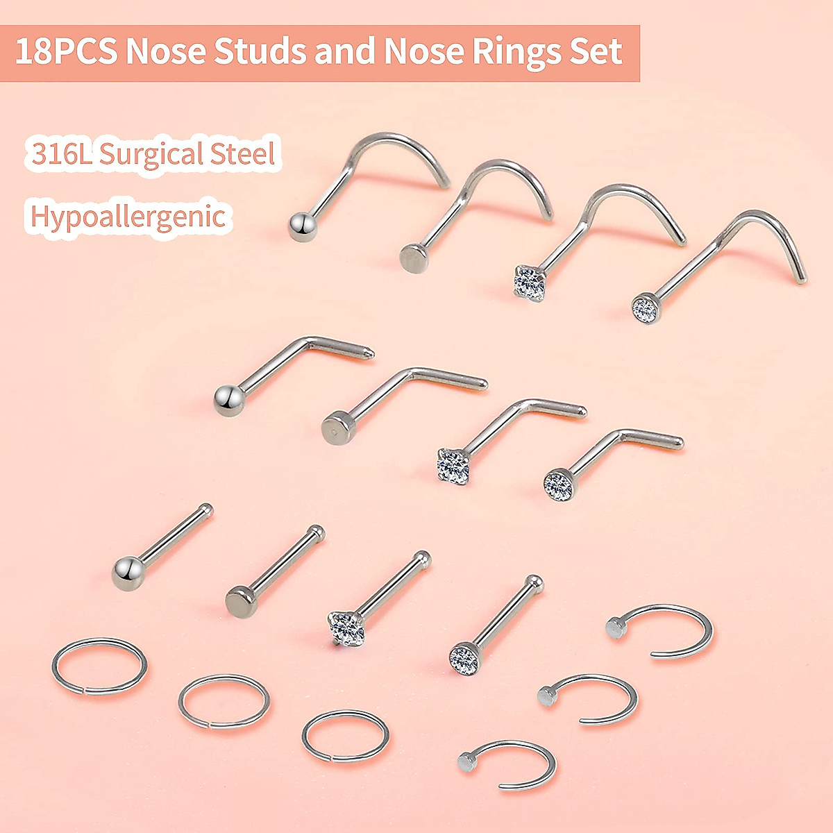 18PCS L Shaped Nose Studs, Surgical Steel Nose Piercing Jewelry, Nose Screw Pack, Endless Hoop Nose Rings for Women and Men, Body Jewelry Set with 6mm 8mm 10mm Hoops