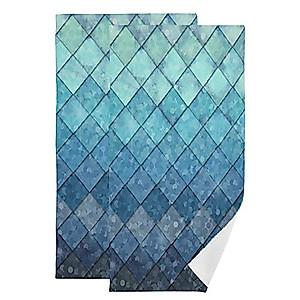 ZOEO Mermaid Face Towel Set of 2, Ocean Blue Teal Mermaid Fish Scales Geometric Rhombus Hand Towel Dish Towels Cotton Bath Decor Set for Kids 30x15 inch Gym Yoga Towels for Mothers Day