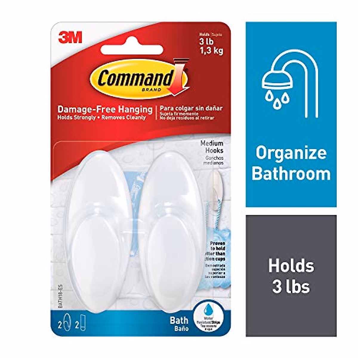 Command Bath Hook, Medium, Clear Frosted, 2-Hooks, 2-Medium Water Resistant Strips (BATH18-ES)