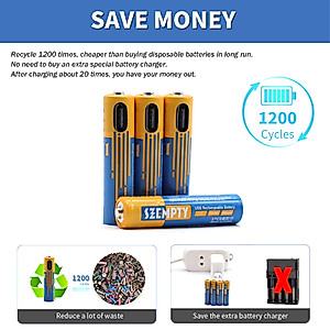 SZEMPTY Lithium Rechargeable Batteries AAA, 1.5V Li-ion USB AAA Battery 750mWh with 2 in 1 Type C Charging Cable,Quick Charge in 1 Hours, Pack of 2