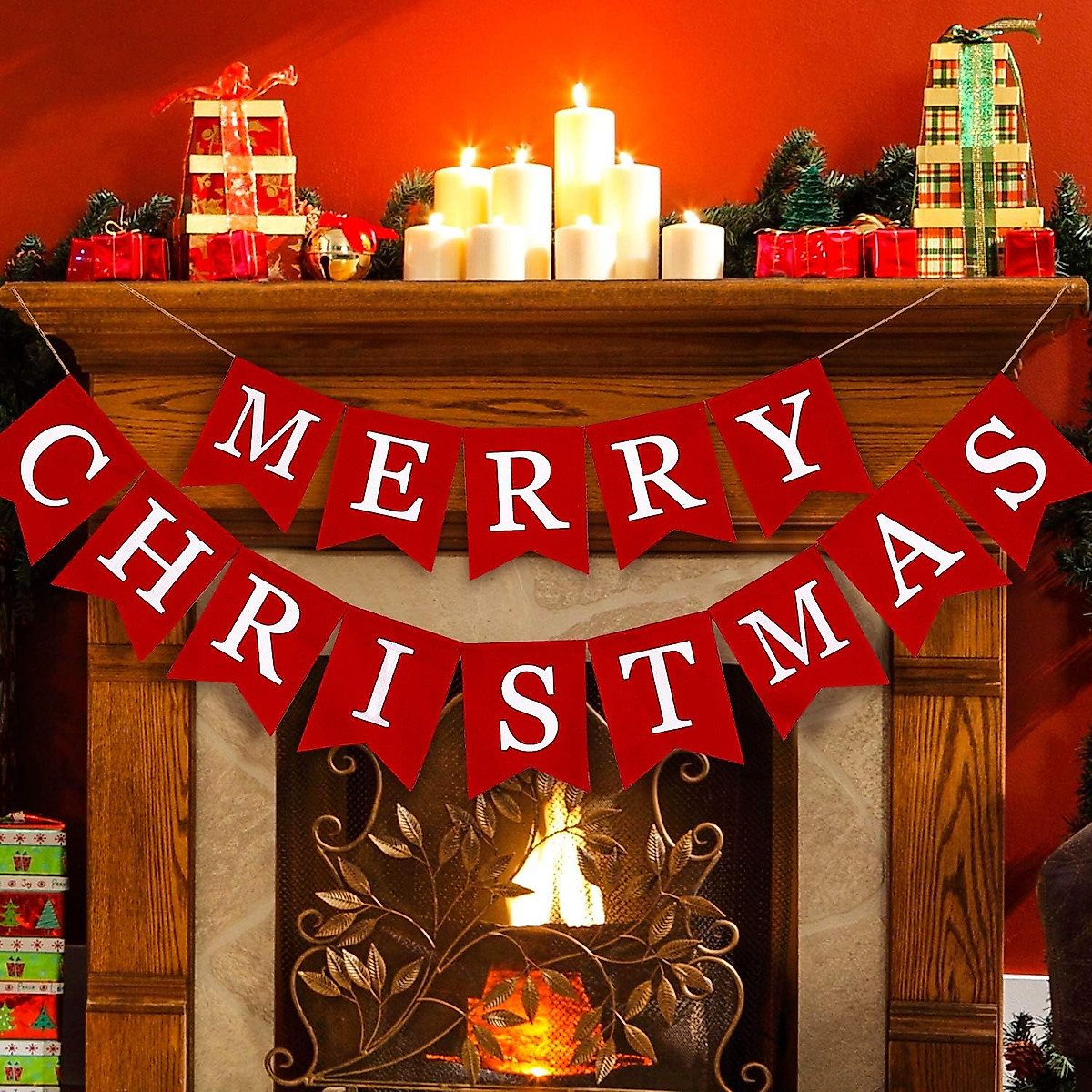 Whaline Merry Christmas Canvas Banners, Red Christmas Bunting Garland, Hanging Xmas Decorations for Fireplace Wall (13ft in total)