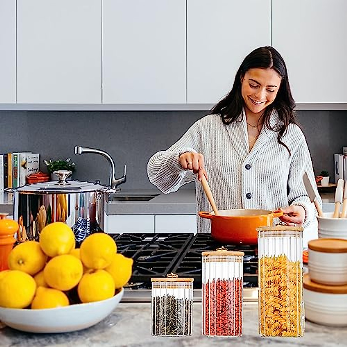 LUCKTE Glass Coffee Nuts Canister Airtight Storage Jar With Bamboo Lids Metal Handle Clear Glass Containers for Home Kitchen Storing Candy, Cookie, Pasta, Oatmeal, Spices (large)