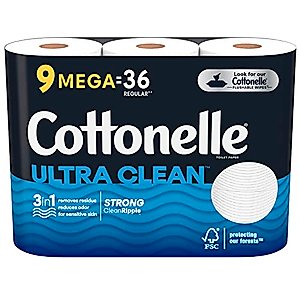 Cottonelle Ultra Clean Toilet Paper, 1-Ply, Strong Tissue, 36 Mega Rolls (312 Sheets per Roll), Packaging May Vary