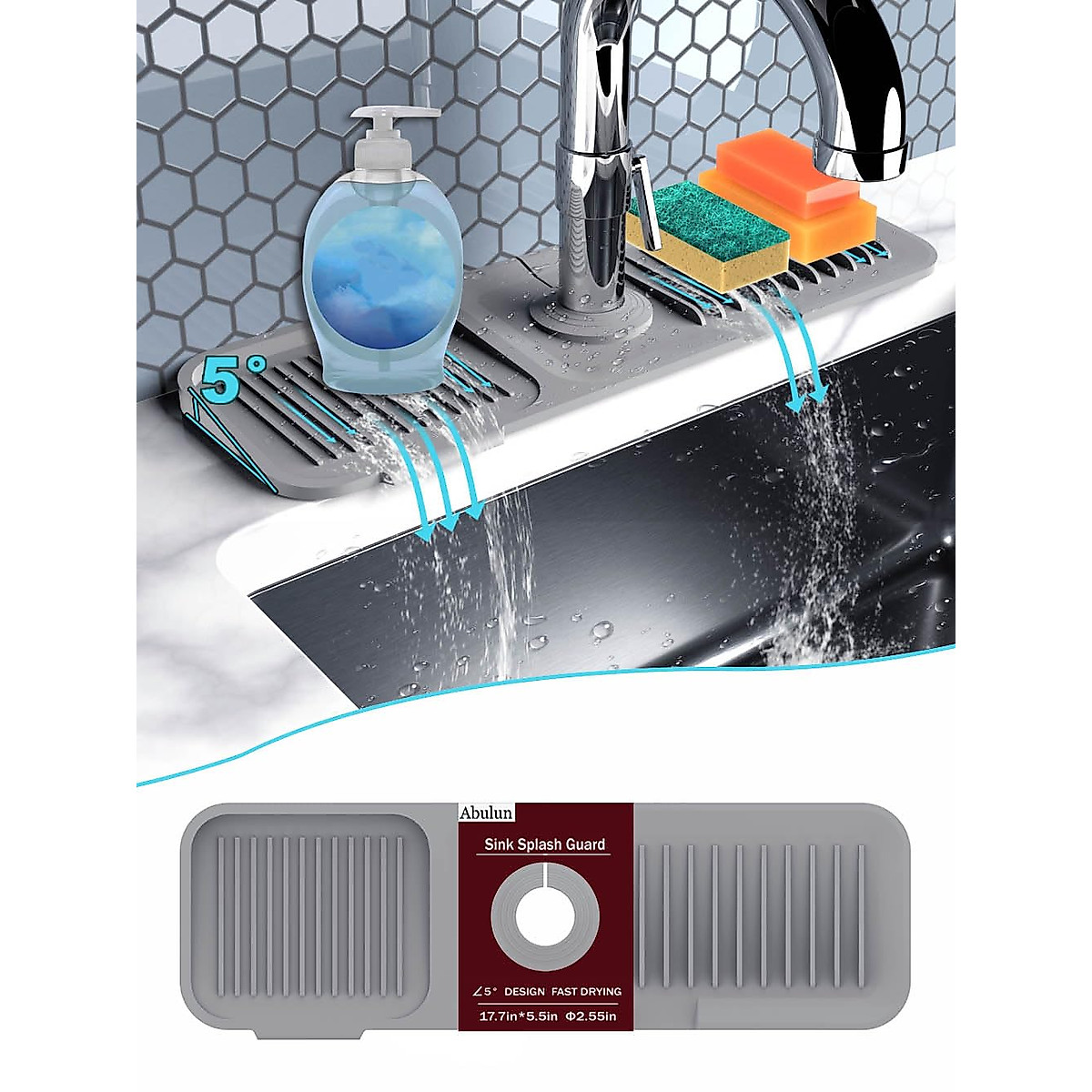 5°slope kitchen sink splash guard behind faucet-gray silicone faucet handle drip catcher tray-18inch mat for sink accessories with soap dispenser hole-water clear gadgets also bathroom organizer